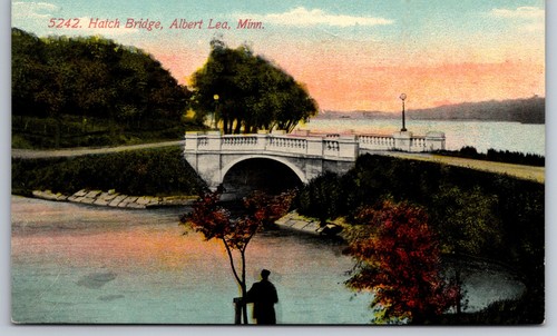 Albert Lea Minnesota~Hatch Bridge @ Sunset~Man by Tree~c1910 Postcard ...