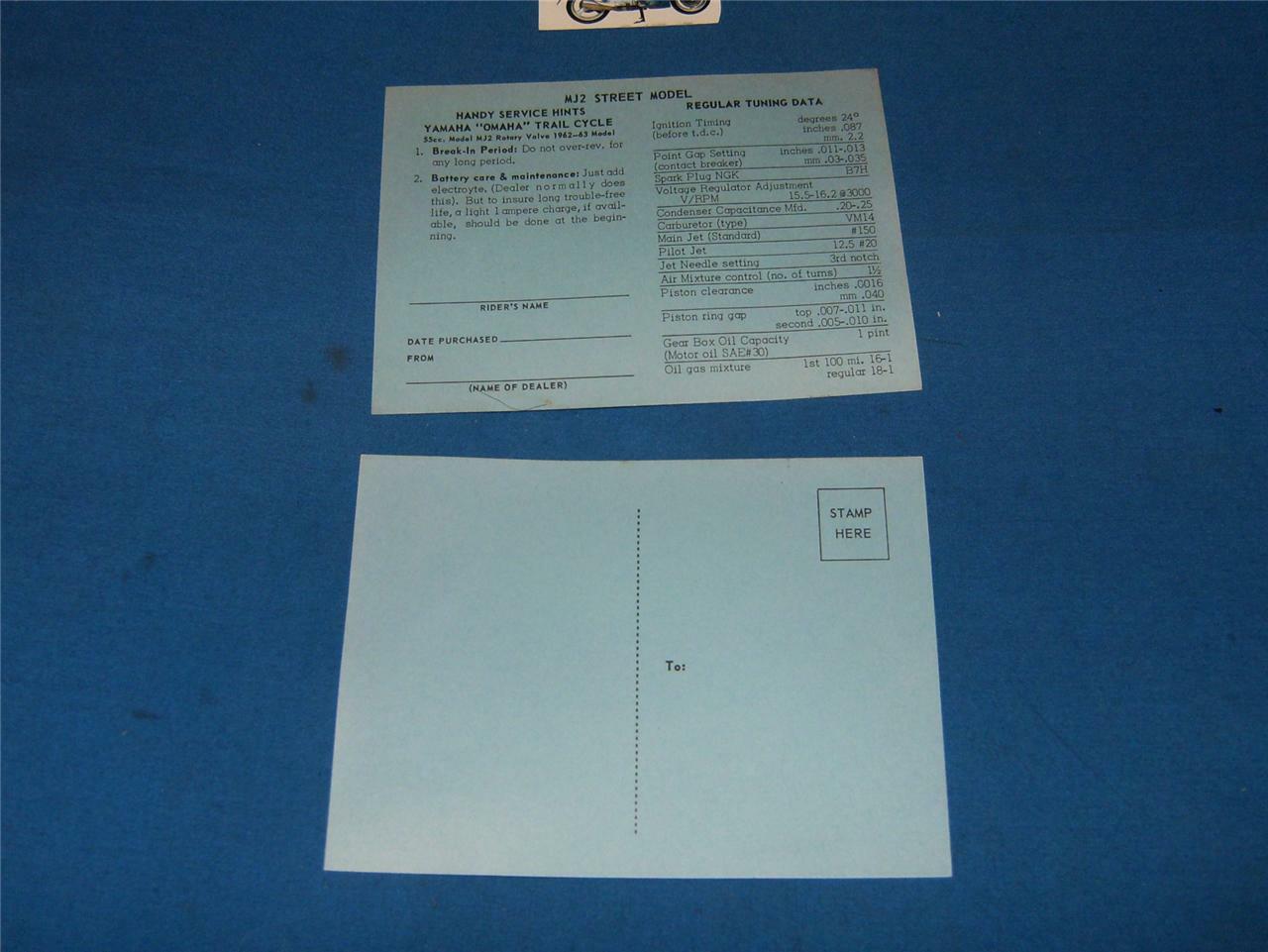 1962 Yamaha Omaha Trail motorcycle postcard/wallet card service hints ...