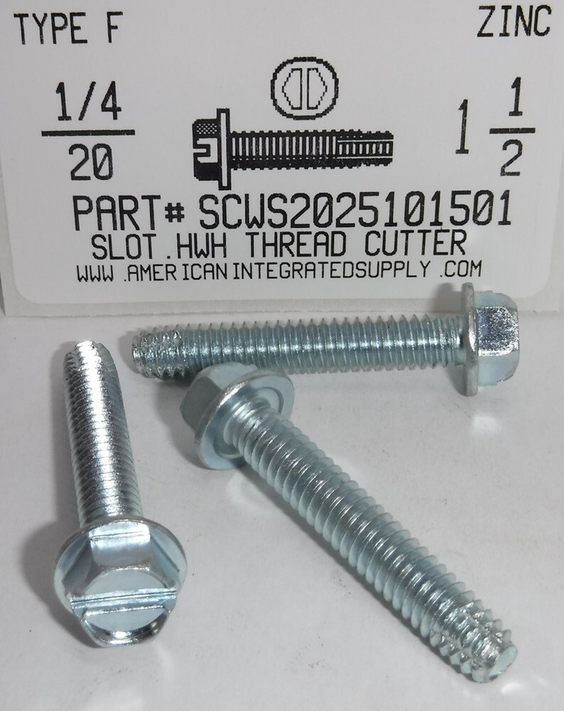 1/4-20x1-1/2 Hex Washer Head Slotted Thread Cutting Screw Type F Steel ...