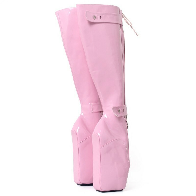 Women Cosplay Pink Knee High Locking Ballet Boot Lace UP Shoe Leather ...