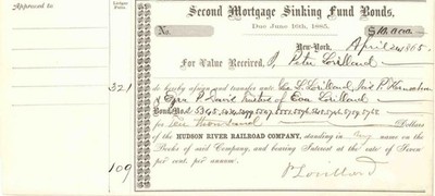Hudson River Railroad Co. Bond transfer signed by Peter Lorillard ...