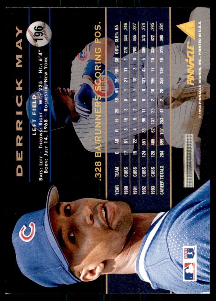 1994 Mint * Pinnacle Derrick May Chicago Cubs #196 | eBay
