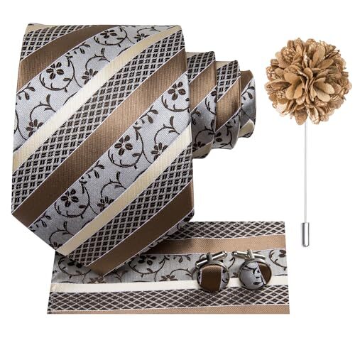 Mens Silk Ties Lapel Pin Handkerchief Cufflinks Set Brown Floral | eBay