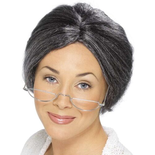 Womens Granny Wig Mrs Claus Hair Gray Bun Librarian Old Lady Grandma