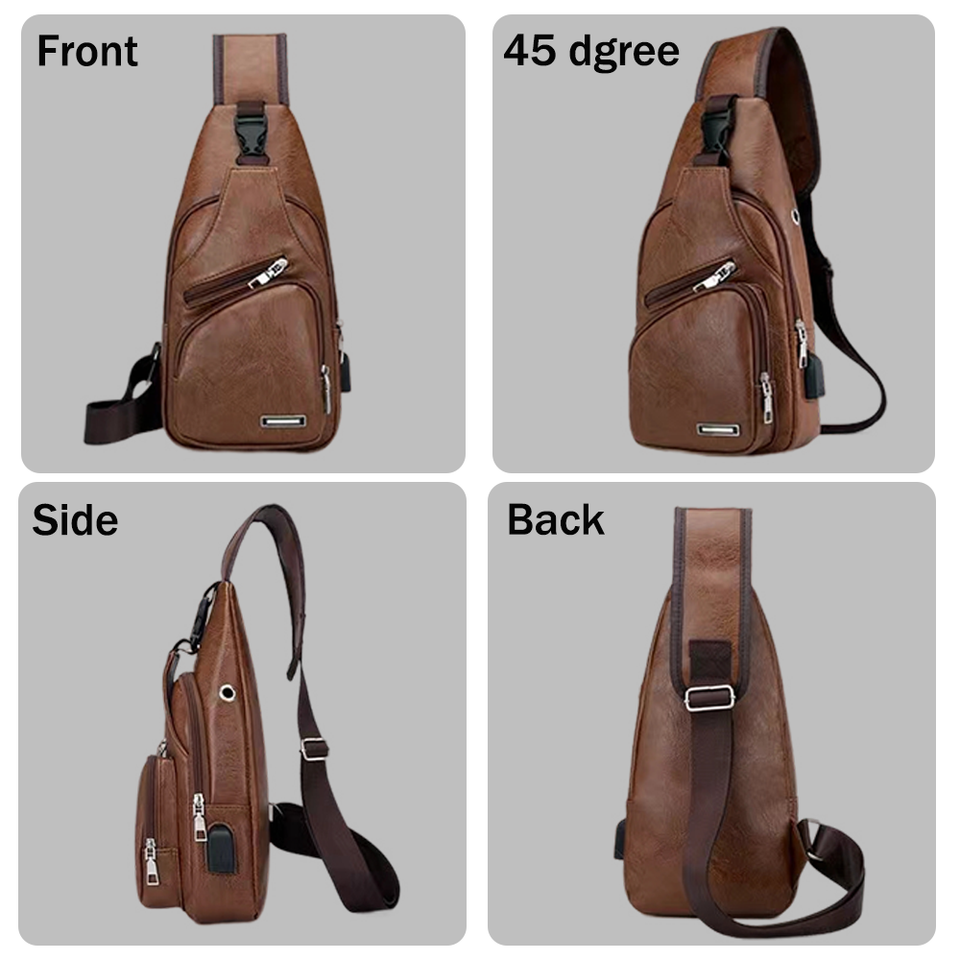 Mens Sling Backpack PU Leather Cross Body Chest Bag Fanny Packs USB ...