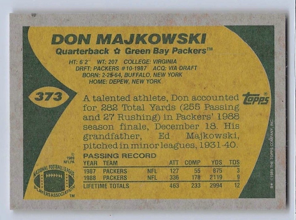 1989 DON MAJKOWSKI - Topps Football ROOKIE CARD # 373 - GREEN BAY ...