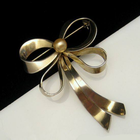 STERLING Silver Vintage Large Bow Brooch Pin Gold Vermeil Faux Pearl | eBay