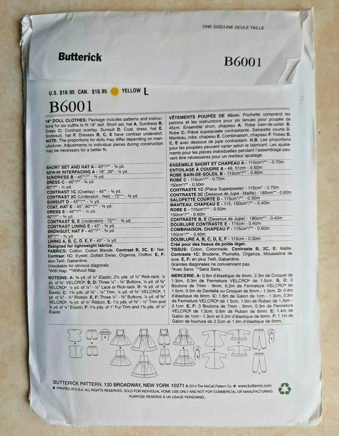 Butterick 6001 Pattern 18" Doll Clothes Retro Sundress Snowsuit Sunsuit ...