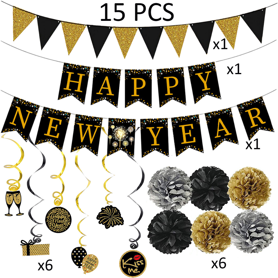 15Pcs Happy New Year Banner Party Decoration Paper Pom Flower Hanging ...