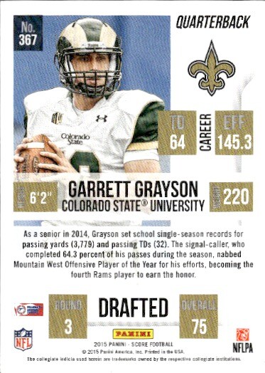 2015 Score #367 Garrett Grayson RC New Orleans Saints Football | eBay