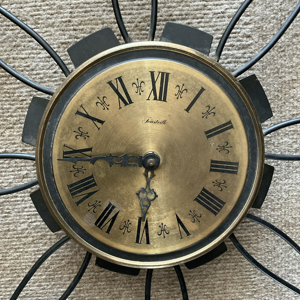 VTG MCM FORESTVILLE Wrought iron Wire Sunburst Retro Wall Clock PARTS ...