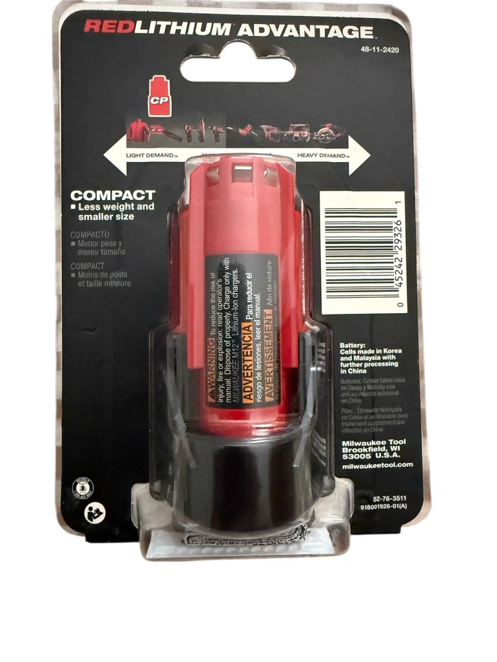 Milwaukee M12 Battery Red Lithium 2.0Ah 12 Volt Genuine 48-11-2420 NEW ...