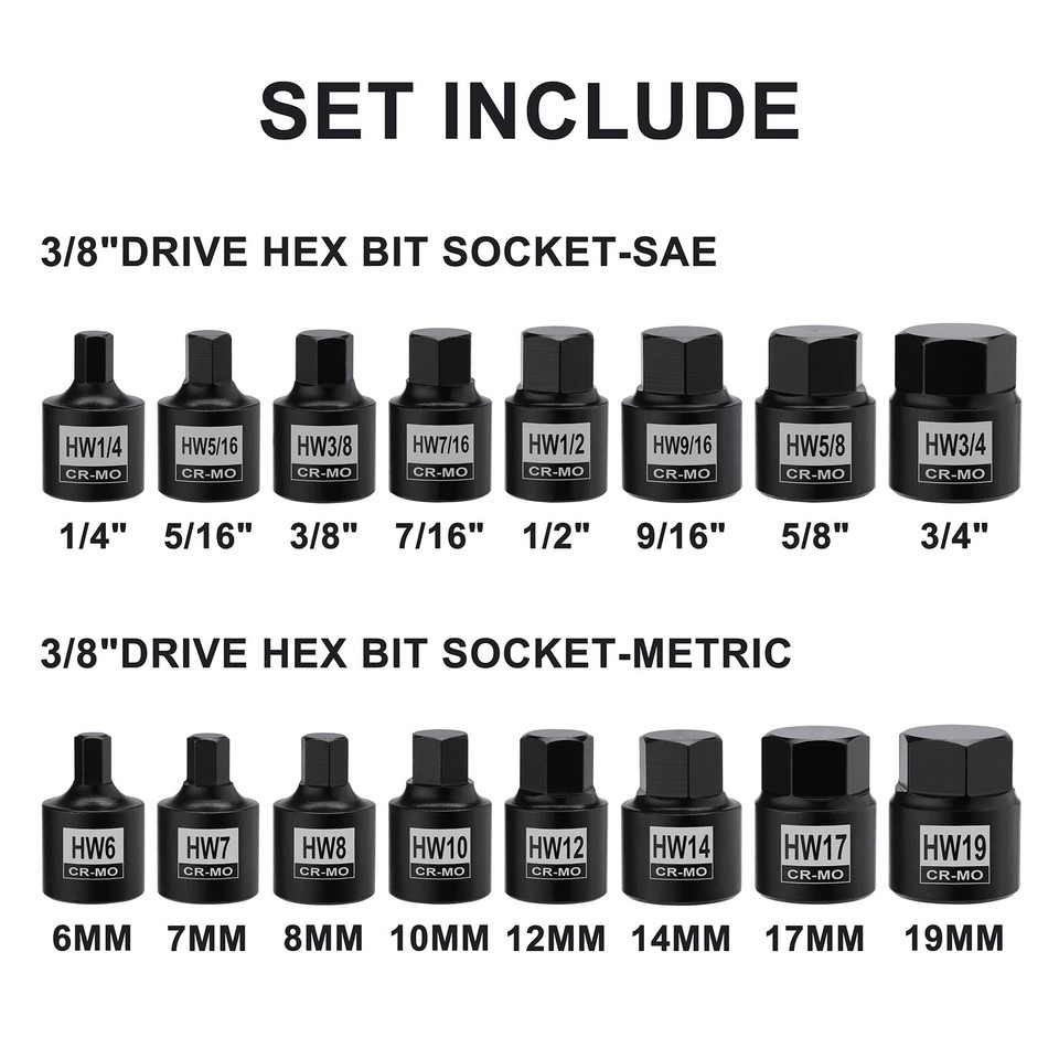 Mayouko 16 Pieces 3/8" Drive Low Profile Hex Socket Set, Impact One ...