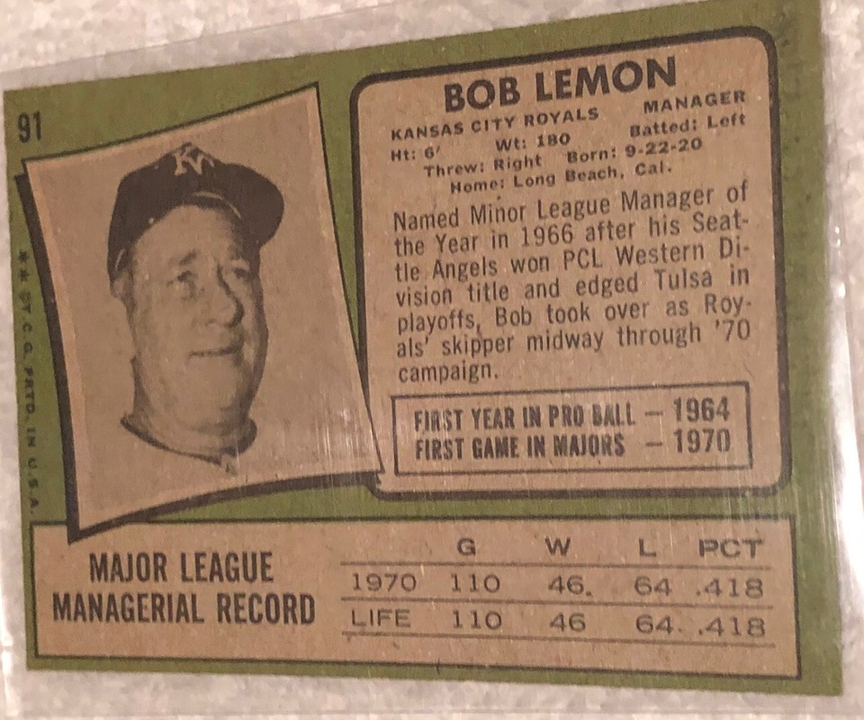 1971 TOPPS "BOB LEMON" KANSAS CITY ROYALS #91 MGR | eBay