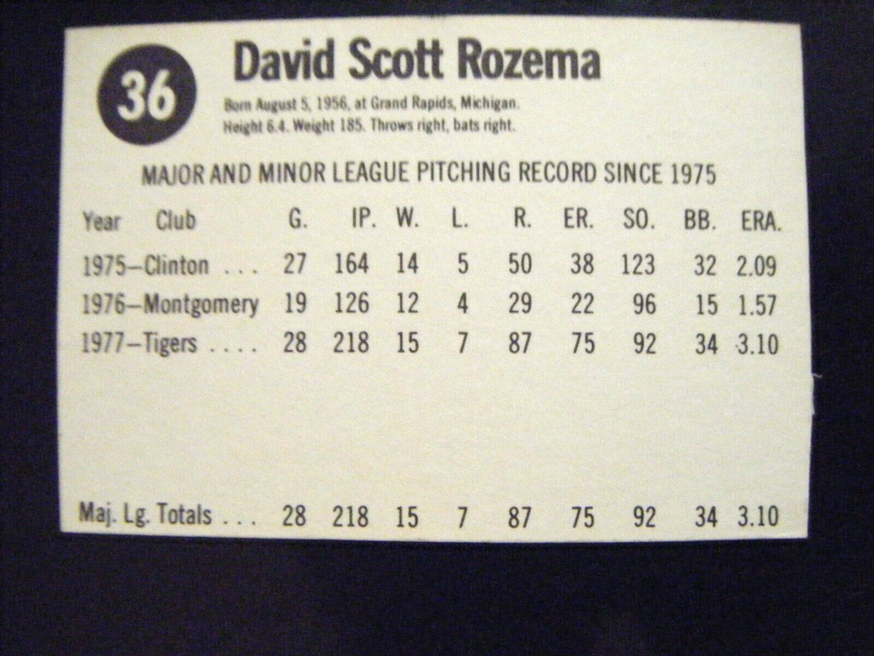DAVE ROZEMA RC 1978 Hostess TIGERS baseball card #36 WSC GRAND RAPIDS ...