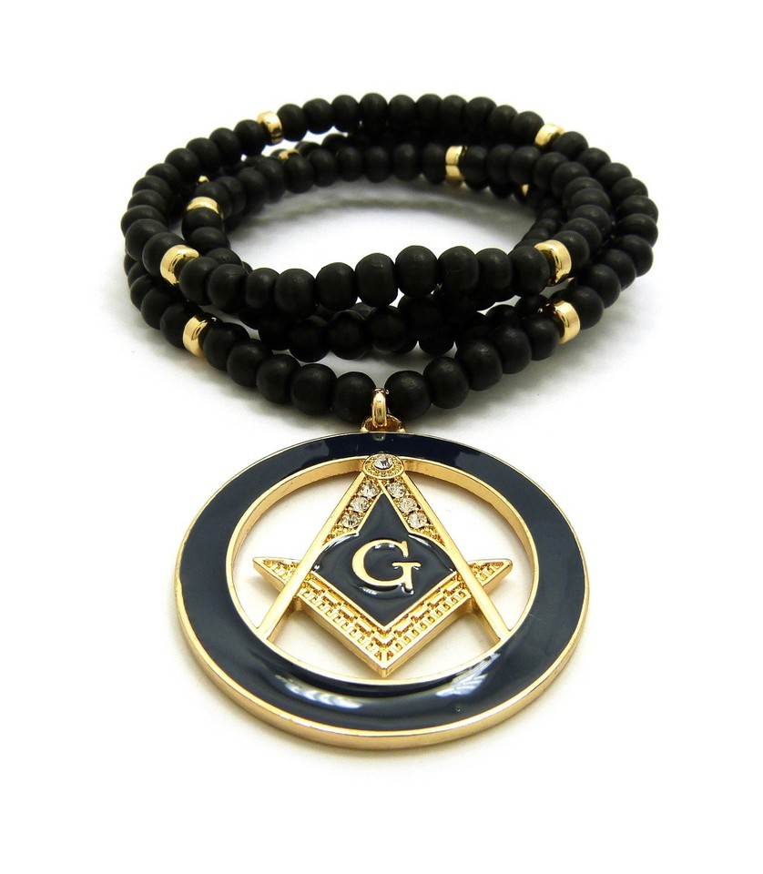 NEW FREEMASON MASONIC 2 TONE ROUND PENDANT 6mm/30" WOODEN BEAD CHAIN ...