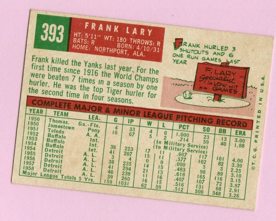 1959 Topps Frank Lary #393 Detroit Tigers VG (CVG) | eBay