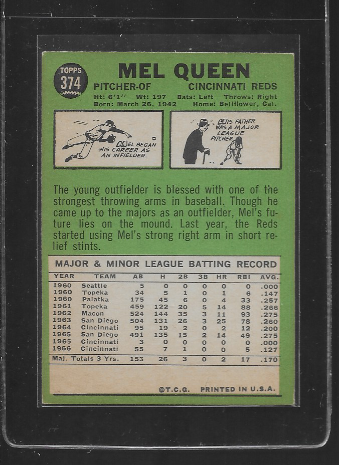 1967 TOPPS BASEBALL # 374 MEL QUEEN NICE CARD | eBay