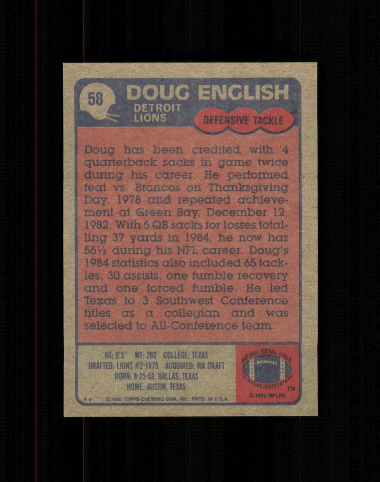 1985 Topps Football #58 Doug English Detroit Lions | eBay