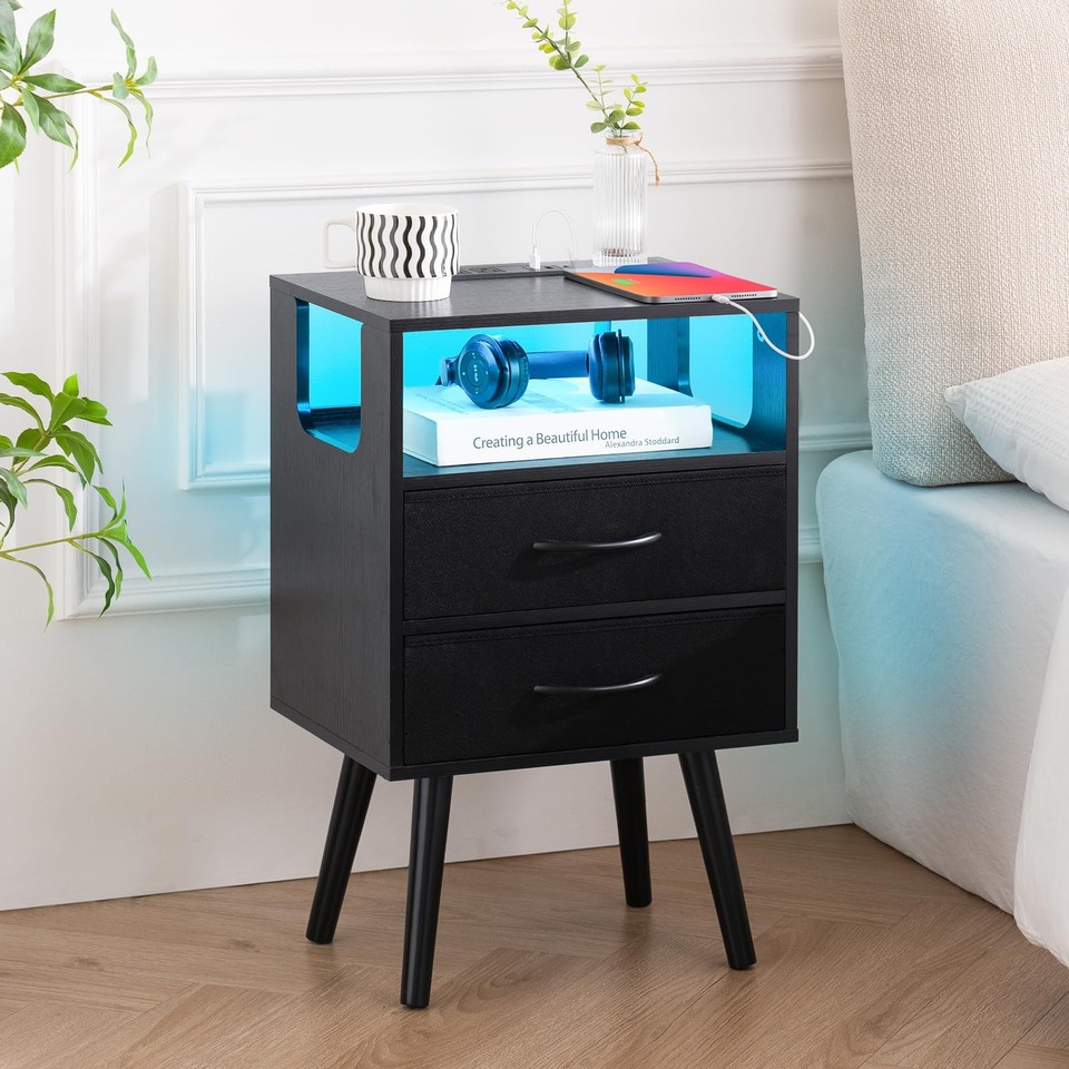 LED Night Stand with Charger Station, Mid Century Modern Nightstand ...