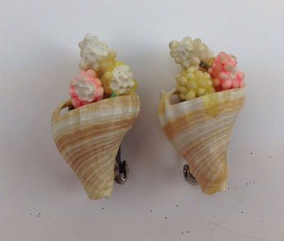 Vintage Real mini Conch Sea Shell Flower Basket Clip Earrings Hand Made ...