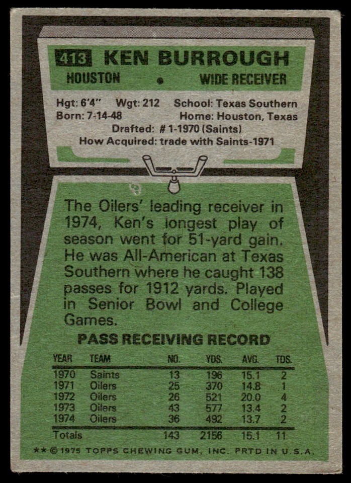 1975 TOPPS KEN BURROUGH AA HOUSTON OILERS #413 | eBay