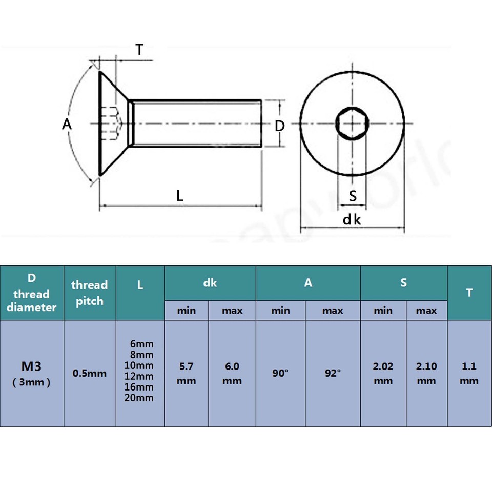 250pcs Assortment Kit M3 Flat Countersunk Head Hex Socket Cap Screw ...
