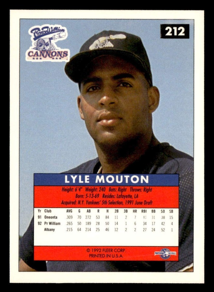 Lyle Mouton 1992 Fleer Excel Card #212 Prince William Cannons | eBay