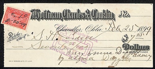 Chandler, OK 1899 Territorial Hoffman, Charles & Conklin Bank Check w ...