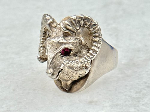 Vintage Men’s Sterling Silver Ram Bust Ruby Eyes Ring Hunter Biker Sz ...