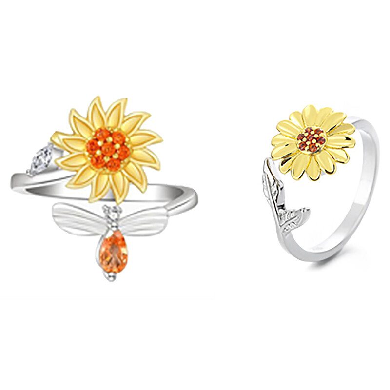 Opening Adjustable Rotatable Sunflower Ring Crystal Zircon Small Bee ...