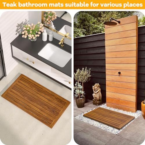 Teak Shower Mat, 32"x18" Wood Bath Mat Non-Slip Bathroom Mat Teak Bath ...