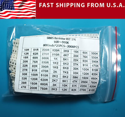 Resistor Kit SMD 0805 Assorted Values 10Ω - 910K Ω 5% 80 values X 25pcs ...