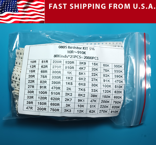 Resistor Kit SMD 0805 Assorted Values 10Ω - 910K Ω 5% 80 values X 25pcs ...