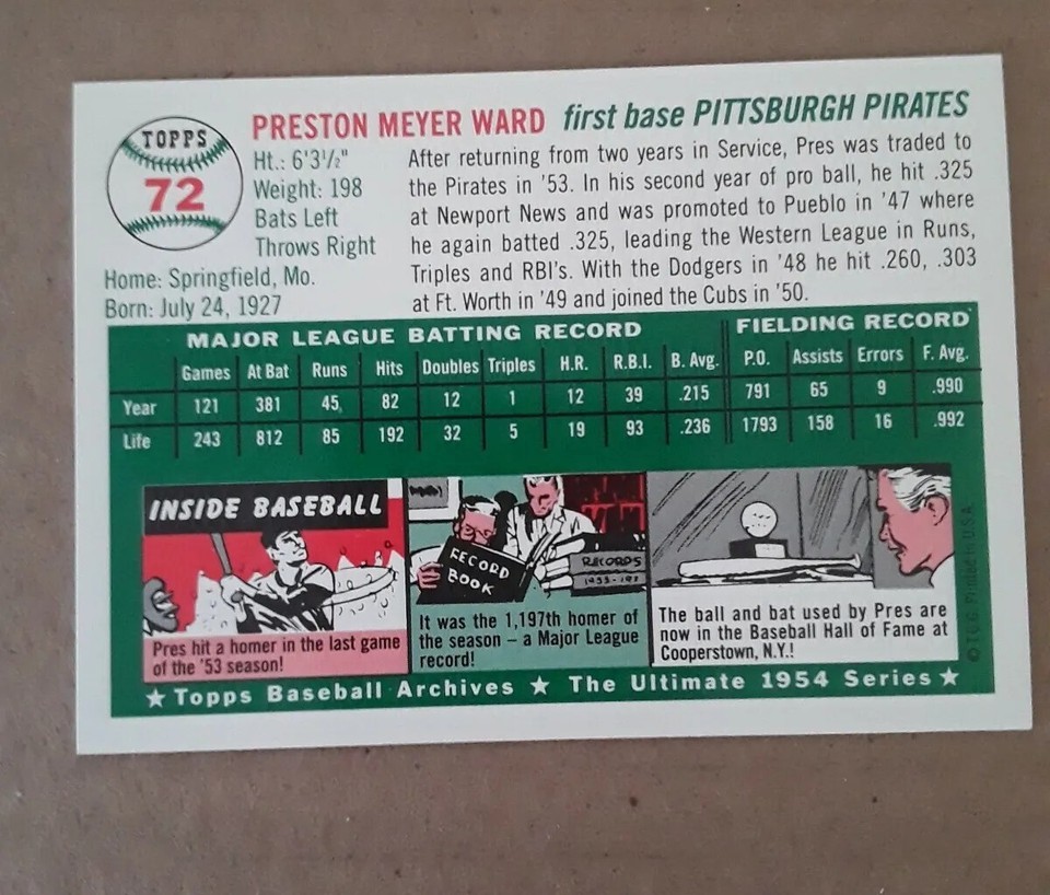 1954 Topps Preston Ward baseball card # 72. REPRINT.Topps Archives 1994 ...