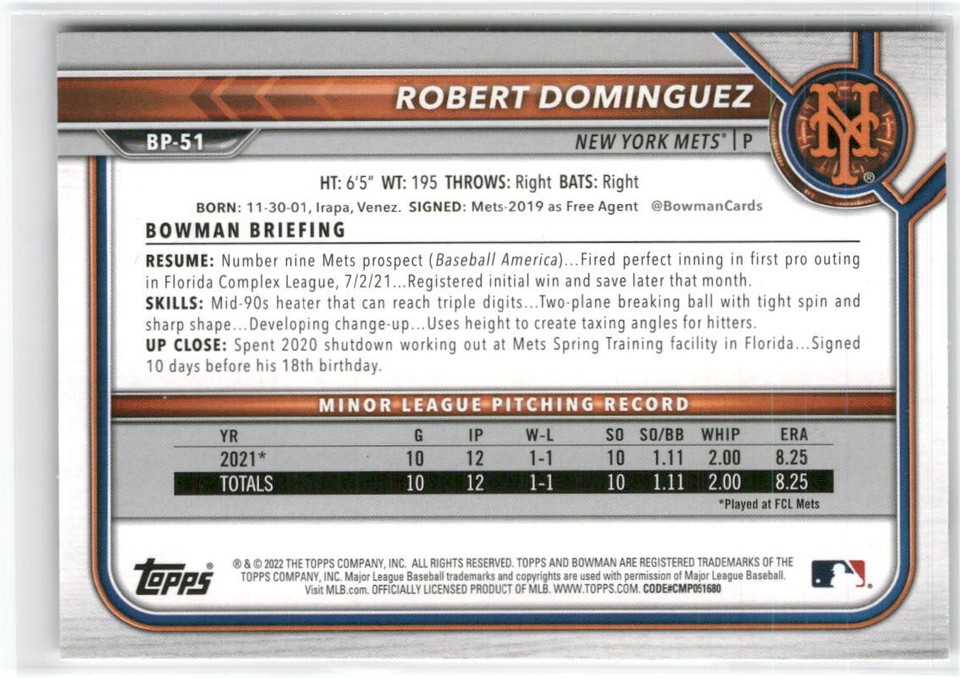 2022 Bowman 1st Robert Dominguez RC #BP51 New York Mets Baseball | eBay