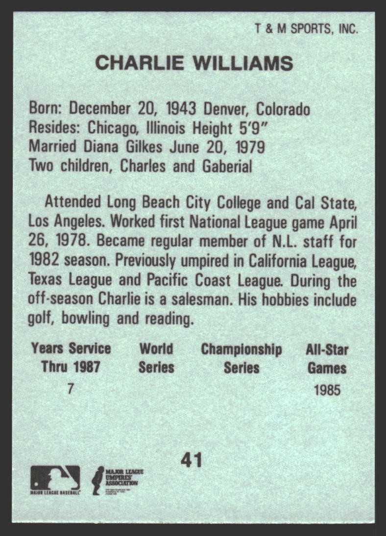 Charlie Williams #41 1988 T&M Sports Umpires