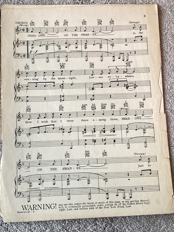 1933 SHADOWS ON THE SWANEE Sheet Music BARNEY RAPP by Spina, Young ...