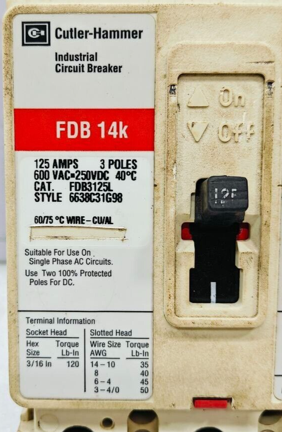 Cutler Hammer FDB 14K FDB3125L INDUSTRIAL CIRCUIT BREAKER 125AMPS ...
