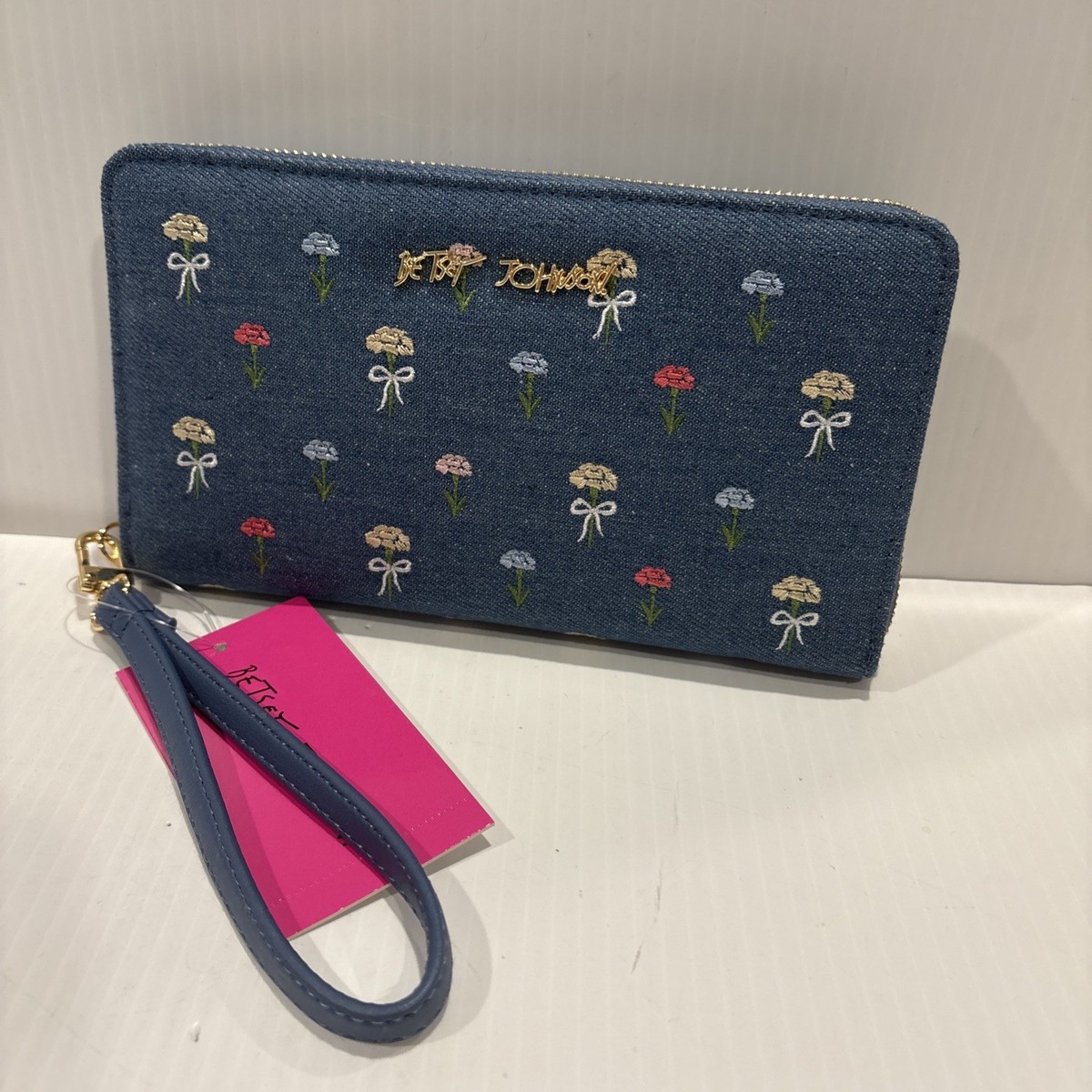 NWT Betsey Johnson Zip Around Wallet Wristlet Blue Denim W