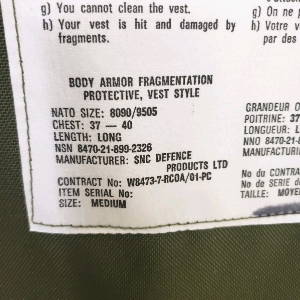 Canadian Canada CF PASGT Body Armor Fragmentation Protective Vest Style ...