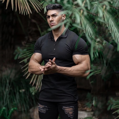 Fashion Men Short Sleeve Summer Slim Fit Turn Collar Gym Bodybuilding ...
