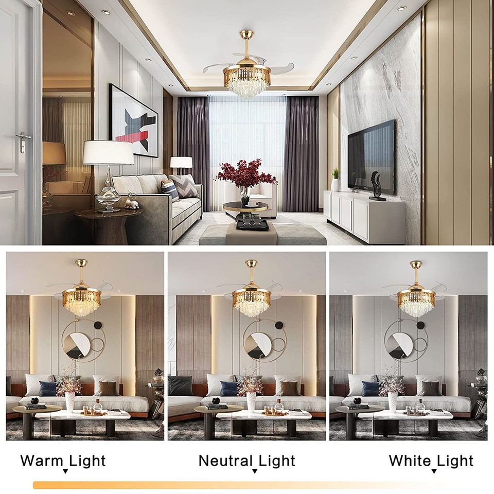 42" Retractable Ceiling Fan Light Invisible Fan Crystal LED Chandelier ...