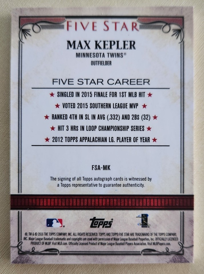 2016 Topps Five Star Max Kepler Auto Rookie RC Minnesota Twins | eBay