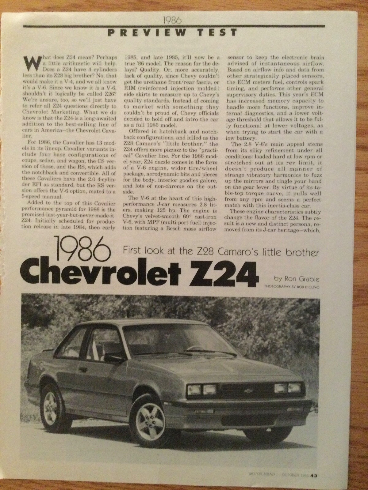 CHEV167 VINTAGE Article Preview Test 1986 Chevrolet Z24 2 page Oct 1985 ...