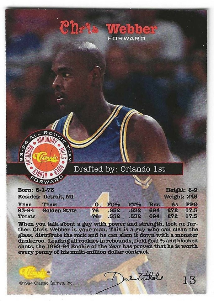1994 Classic Draft #13 Chris Webber ART basketball card, in very good ...