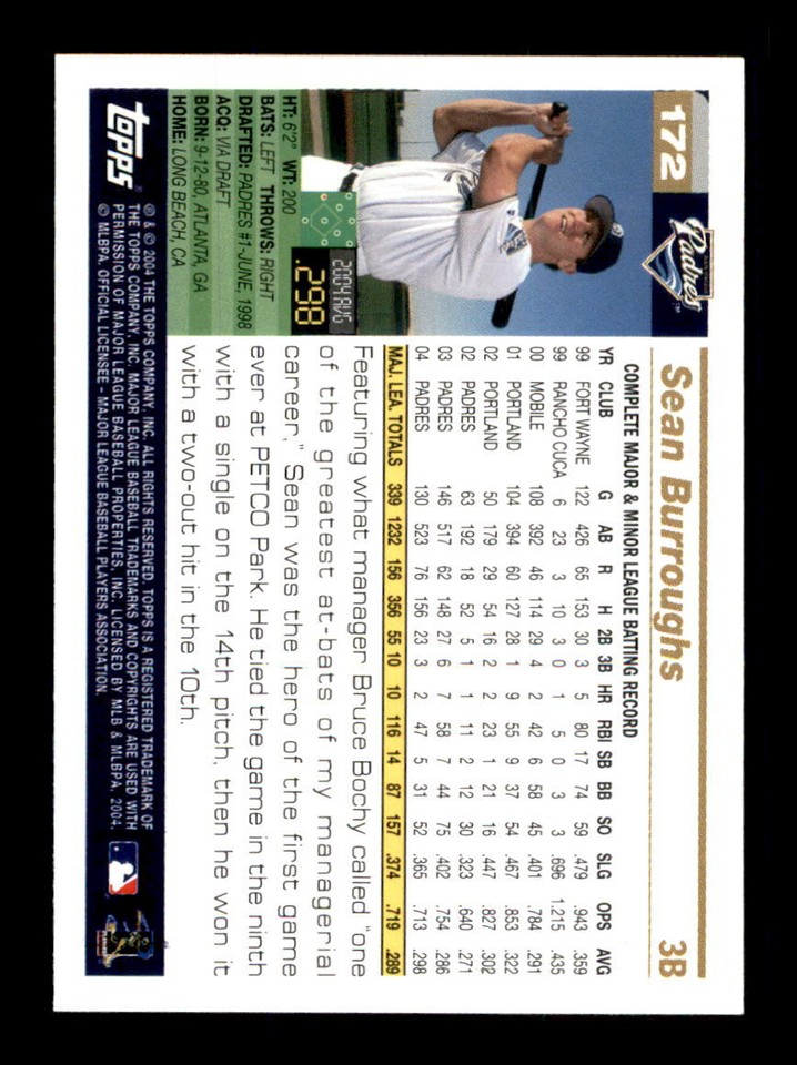 2005 Baseball Topps Sean Burroughs San Diego Padres #172 | eBay