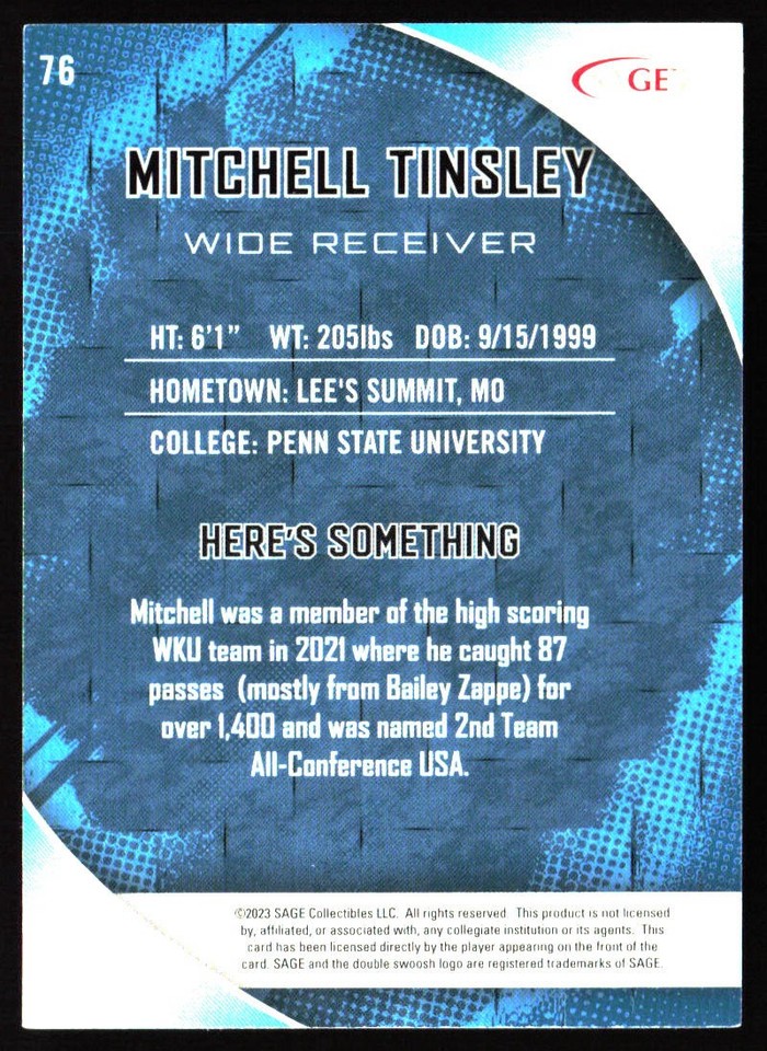 2023 SAGE HIT #76 Mitchell Tinsley Silver | eBay