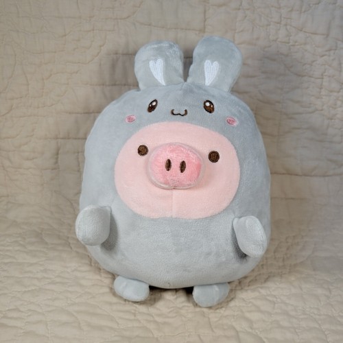 Miniso Pig Bunny Rabbit Plush 10" Gray Pink Heart Ears Squishy Round ...