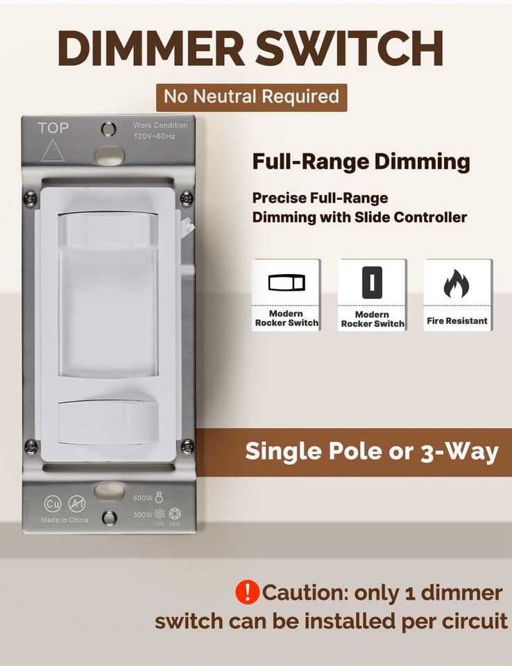 Dimmer Light Switches 2pcs, 3 Way & Single Pole Dimmable Switch for LED ...